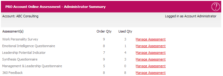 Fig 2 : PRO Account Administrator Interface, Account Summary Page